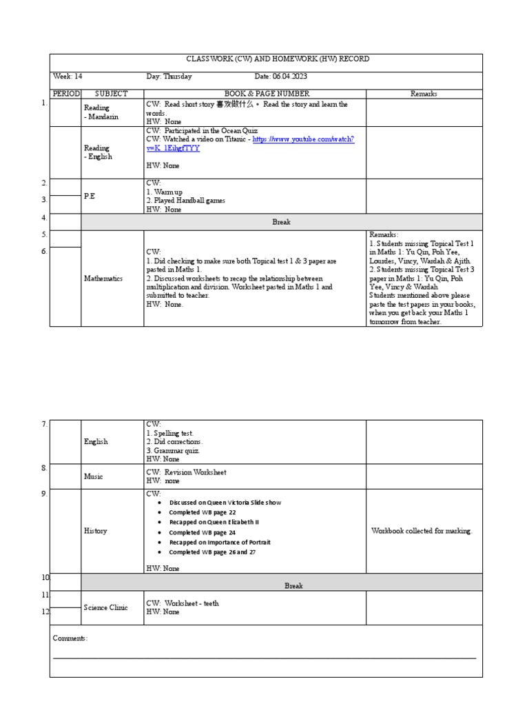 Y2R Homework Diary Thursday 06.04.2023 | PDF