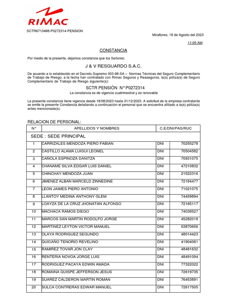 Constancia SCTR Pensión 2023 Rimac | PDF | Seguro | Riesgo financiero