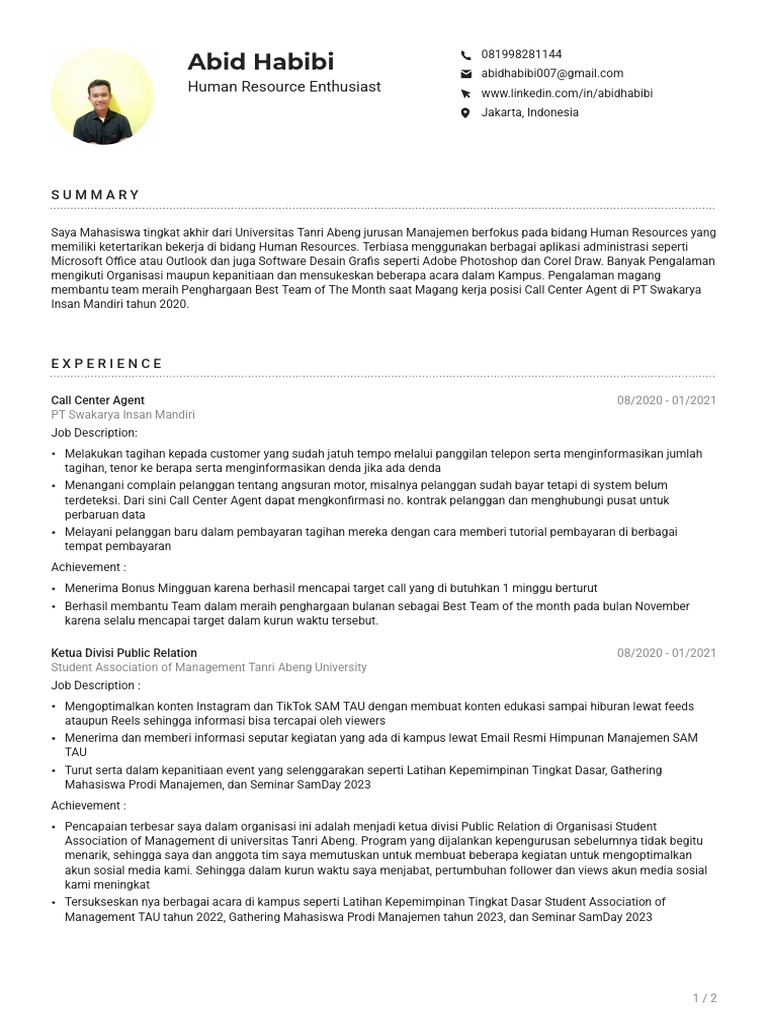 Abid Habibi - Human Resource Enthusiast - Resume | PDF | Karier & Perkembangan