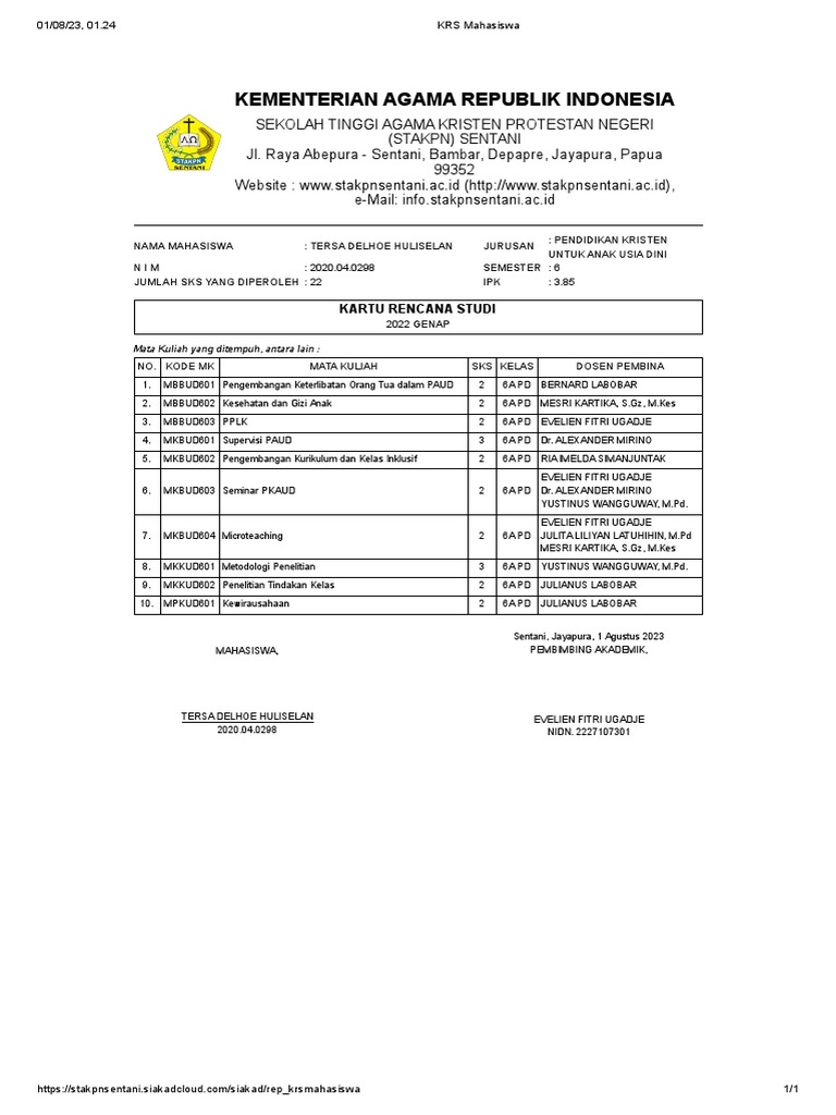 Kartu Rencana Studi STAKPN Sentani | PDF
