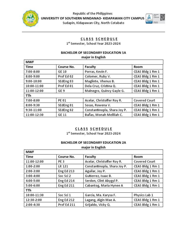 USMKCC CEAS Class Schedule With Room Utilization | PDF | Observation ...