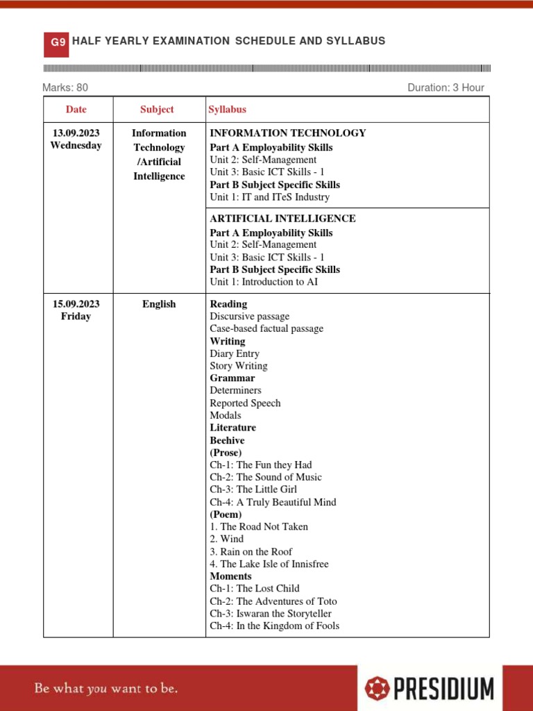 G9 Half Yearly Examination - Schedule and Syllabus 2023-24 | PDF