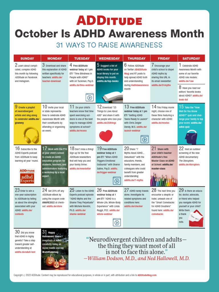 ADHD Awareness Calendar ADDitude 2022 | PDF
