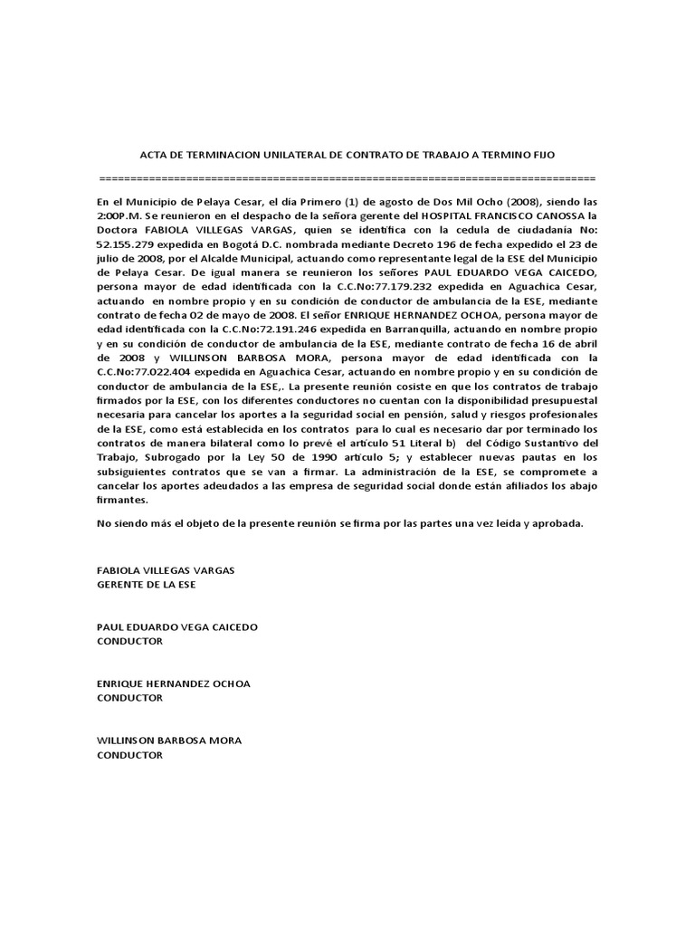 Terminación Unilateral de Contrato Laboral | PDF