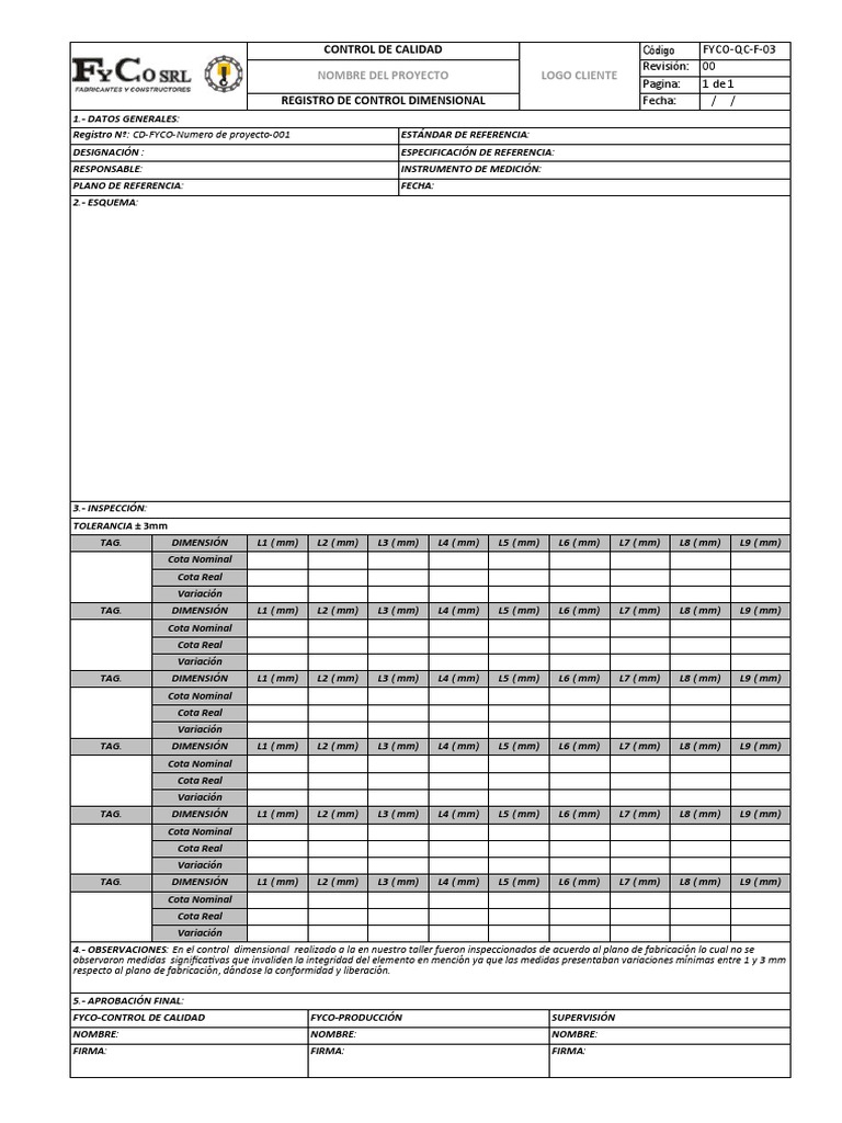 FYCO-QC-F-03.Rev 01. Registro de Control Dimensional | PDF
