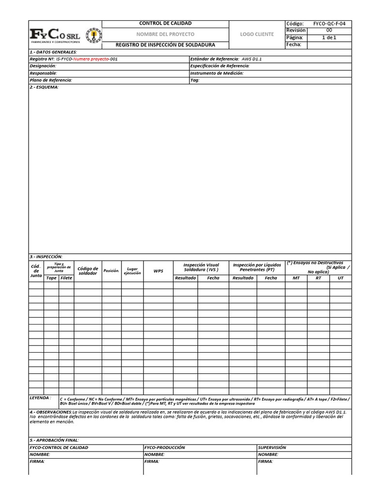 FYCO-QC-F-04.Rev 01.registro de Inspección de Soldadura | PDF ...