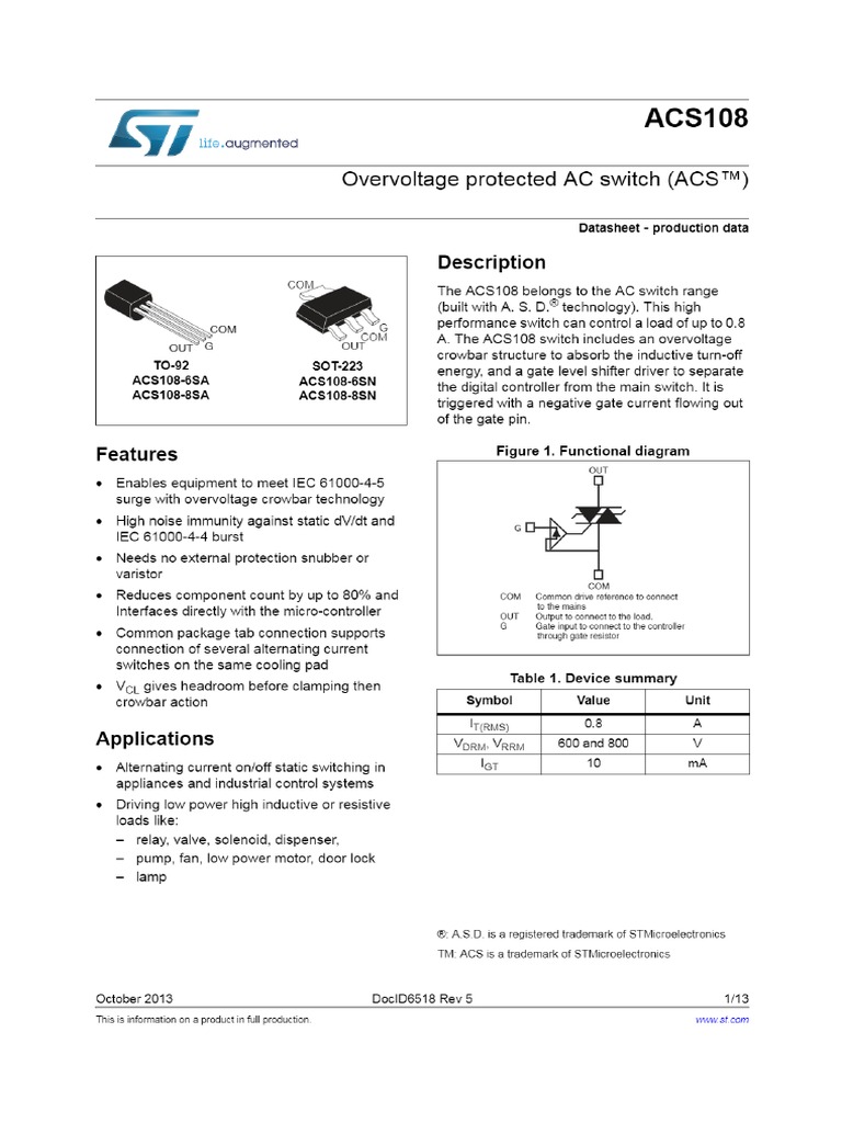ACS108 PDF, Descripción de ACS108, Hoja de Datos de ACS108, Vista de ...