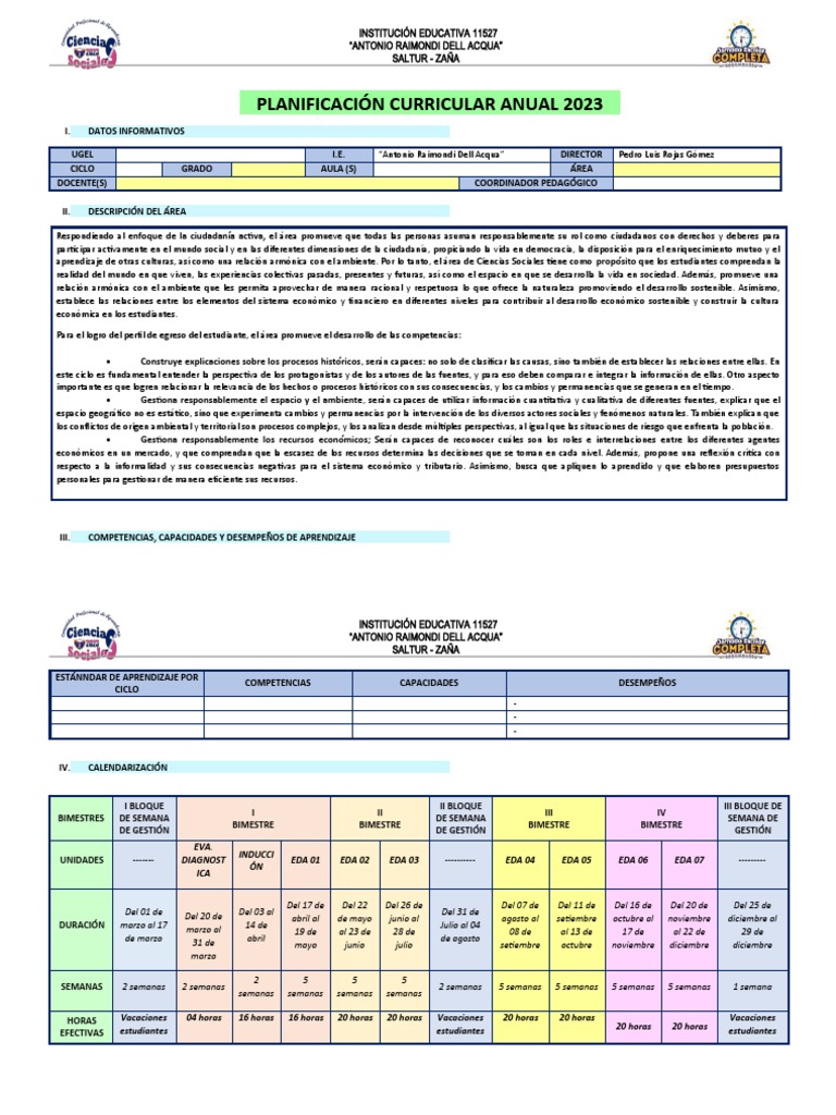 Planificación Curricular Anual 2023 - Cpa | PDF | Aprendizaje | Evaluación