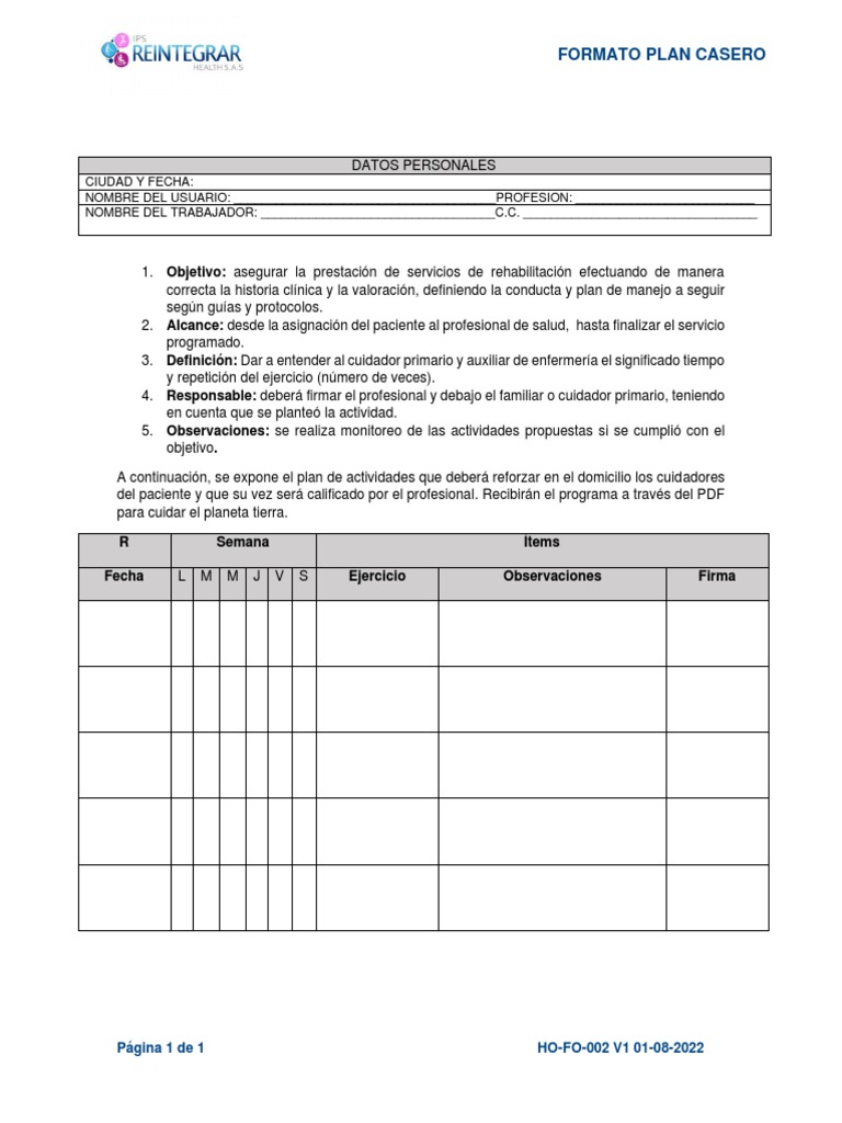 Formato Plan Casero. | PDF