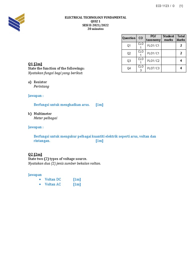 Kuiz 1 Ecd1123 Sesi Ii-2021-2022 (Skema) | PDF