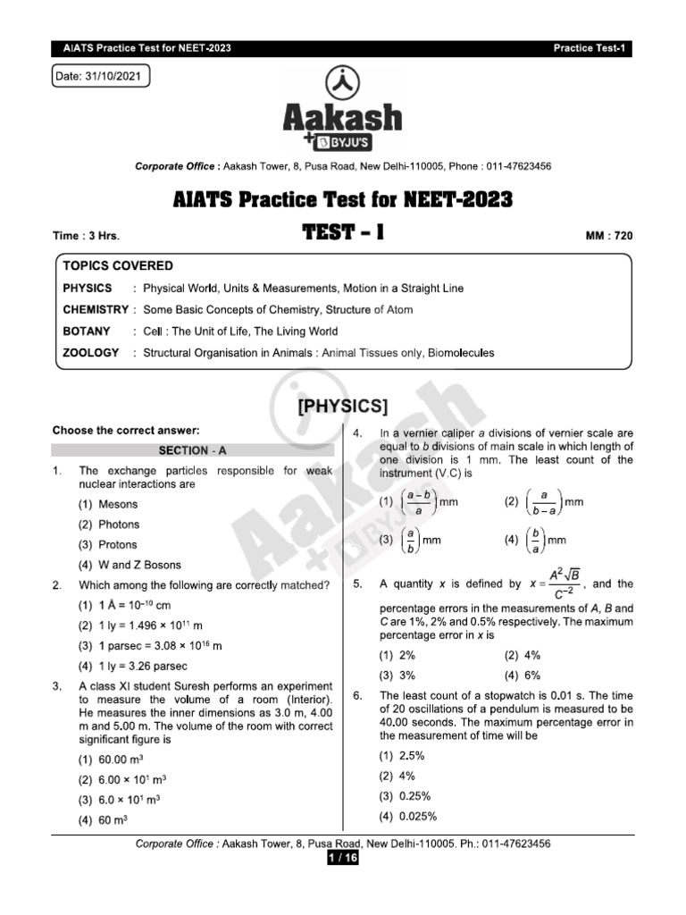 11th AIATS - TYM-2023 - Practice Test-01 - Code-C - (31-10-2021) | PDF