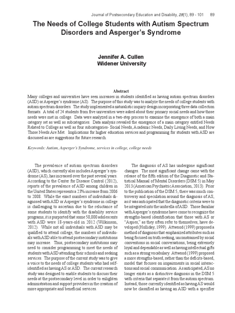 The Needs of College Students With Autism Spectrum Disorders and | PDF ...