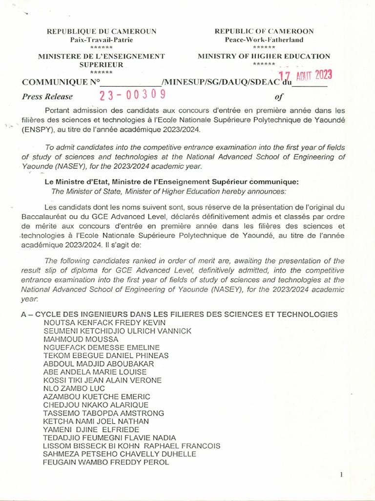 ENSPY 2023 1ere Annee | PDF