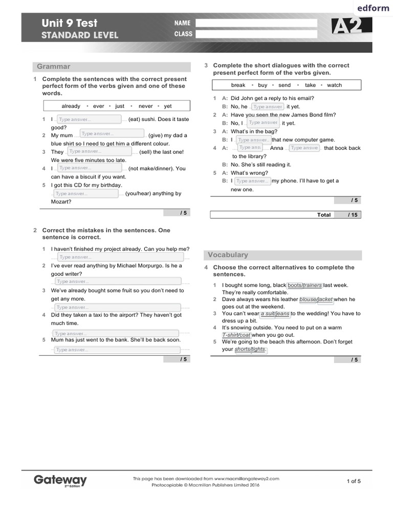 Print Gateway A2. Unit 9 Test - Edform | PDF | Clothing | Softlines ...