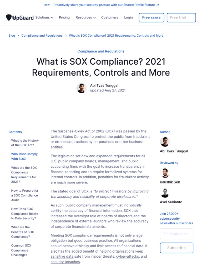 What Is SOX Compliance - 2021 Requirements, Controls and More UpGuard | PDF | Sarbanes–Oxley Act ...