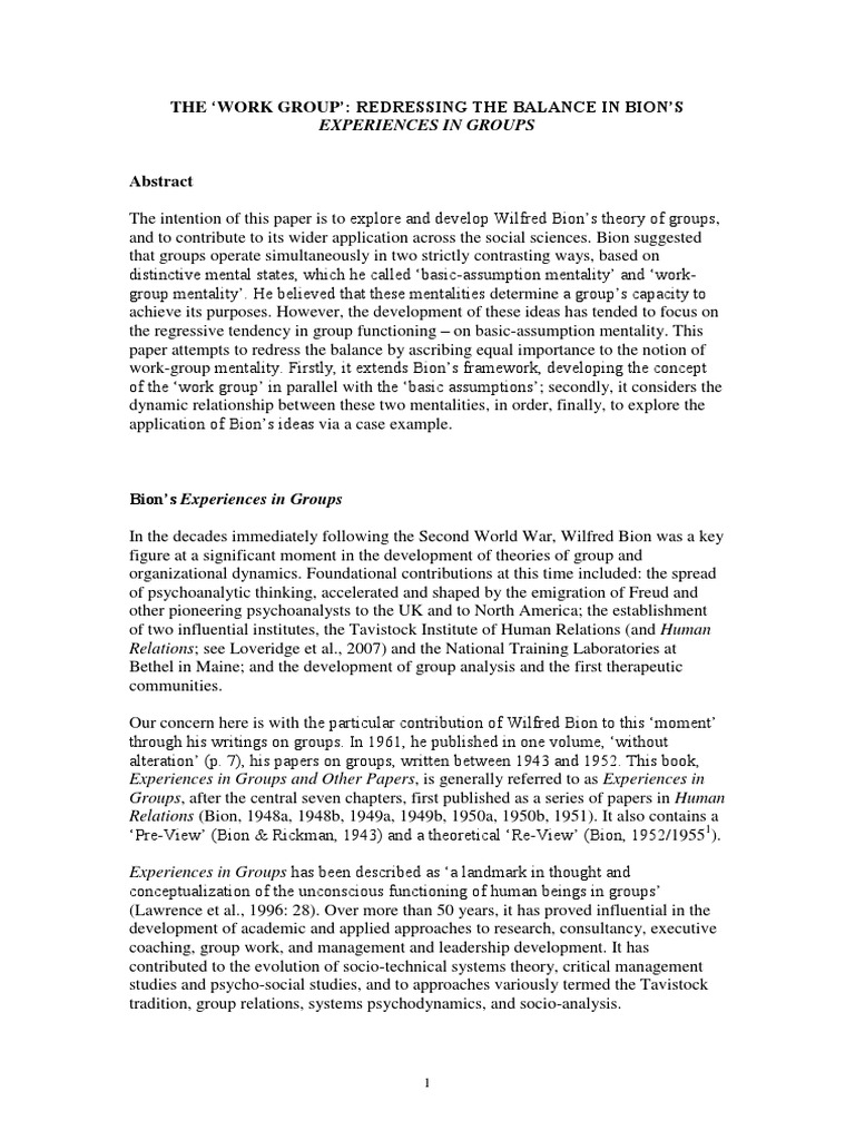 BION-THE WORK GROUP - Final Resubmission September 2009 | PDF