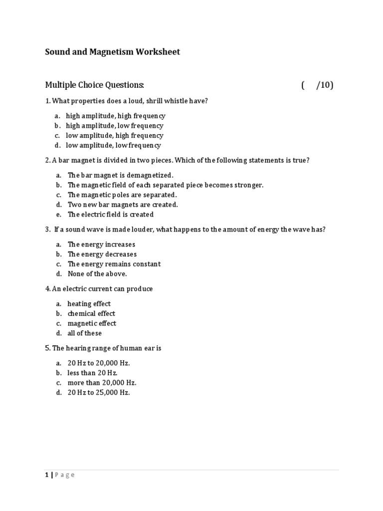 Sound and Magnetism Worksheet Quiz | PDF | Sound | Waves