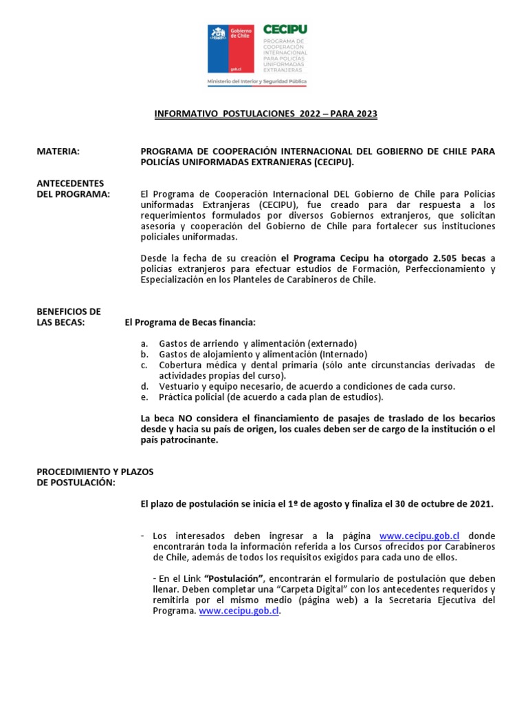 Informativo Postulaciones Cecipu 2023 Carabineros | PDF | Chile