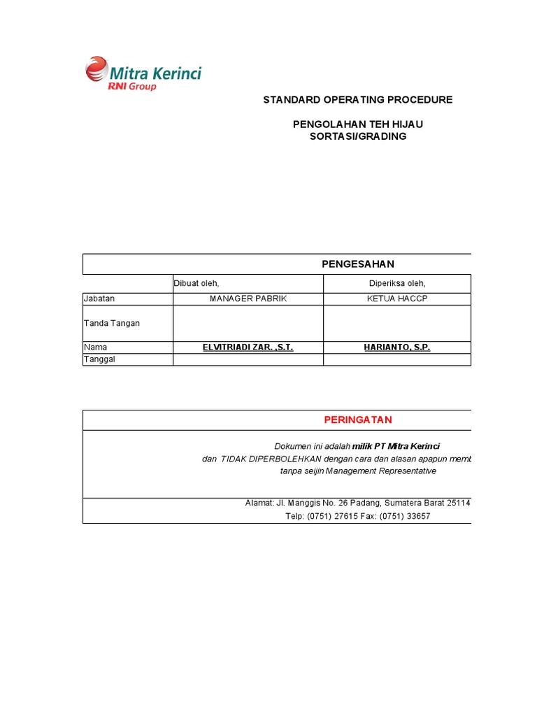SOP Pengolahan Teh Hijau: Sortasi Grading | PDF