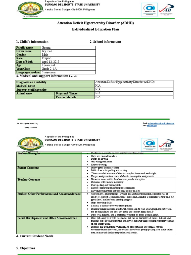 Iep For Adhd | PDF | Behavior Modification | Cognition