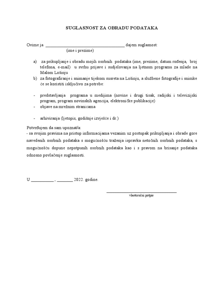 Suglasnost Za Obradu Podataka - Lošinj | PDF