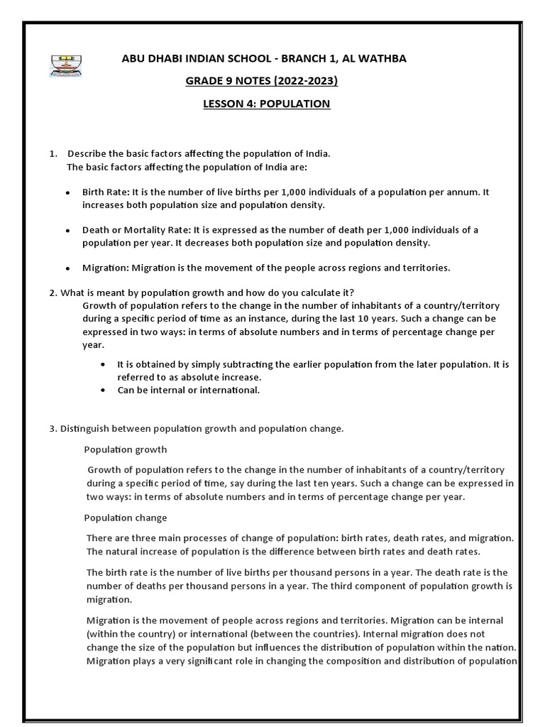 Grade 9 Notes Population | PDF | Human Migration | Mortality Rate