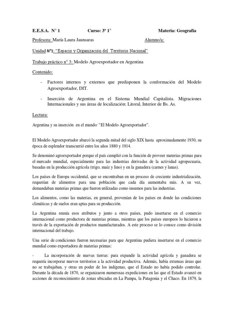 TP3 Geografía de 3ro 1ra EESA 1 Mod Agroexportador | PDF | Agricultura | Argentina
