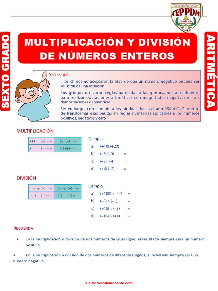 Multiplicación y División de Números Enteros para Sexto Grado de ...