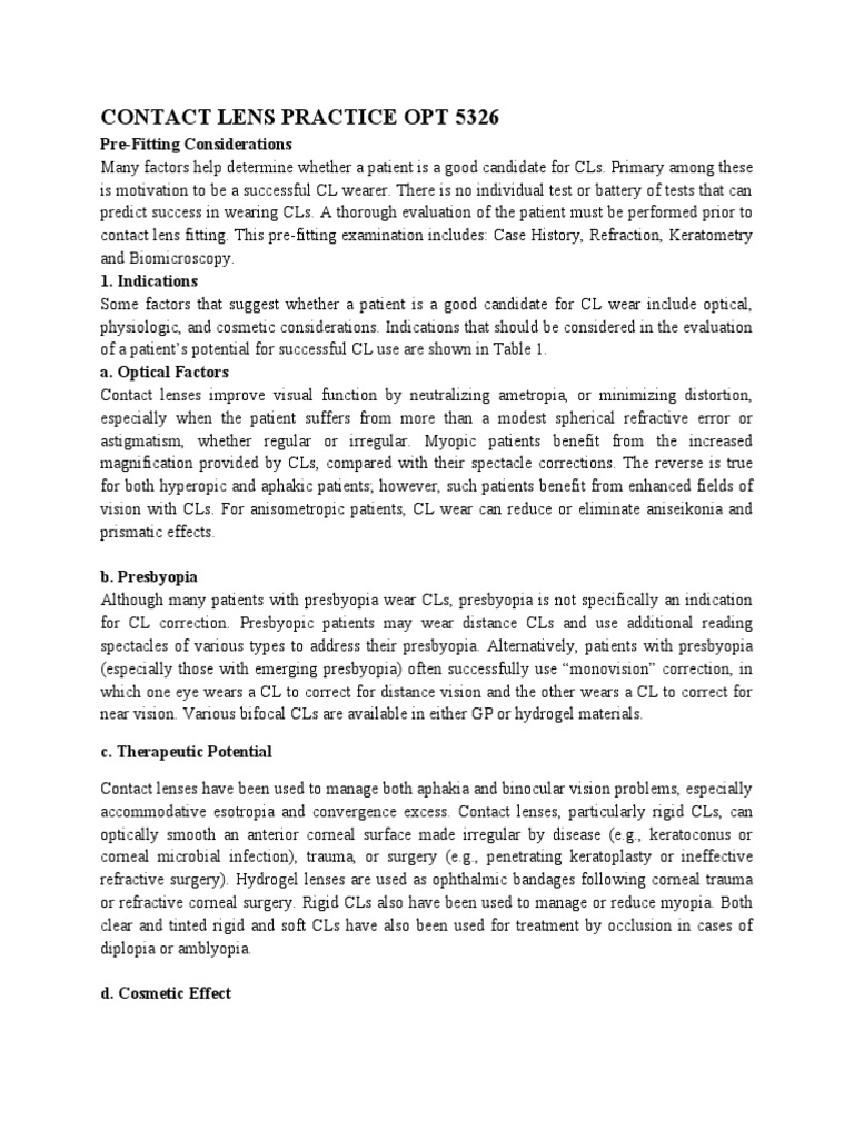 Contact Lens Fitting Technique Opt 5326 | PDF | Science & Mathematics