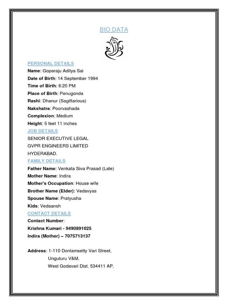 Aditya Marriage Bio Data | PDF