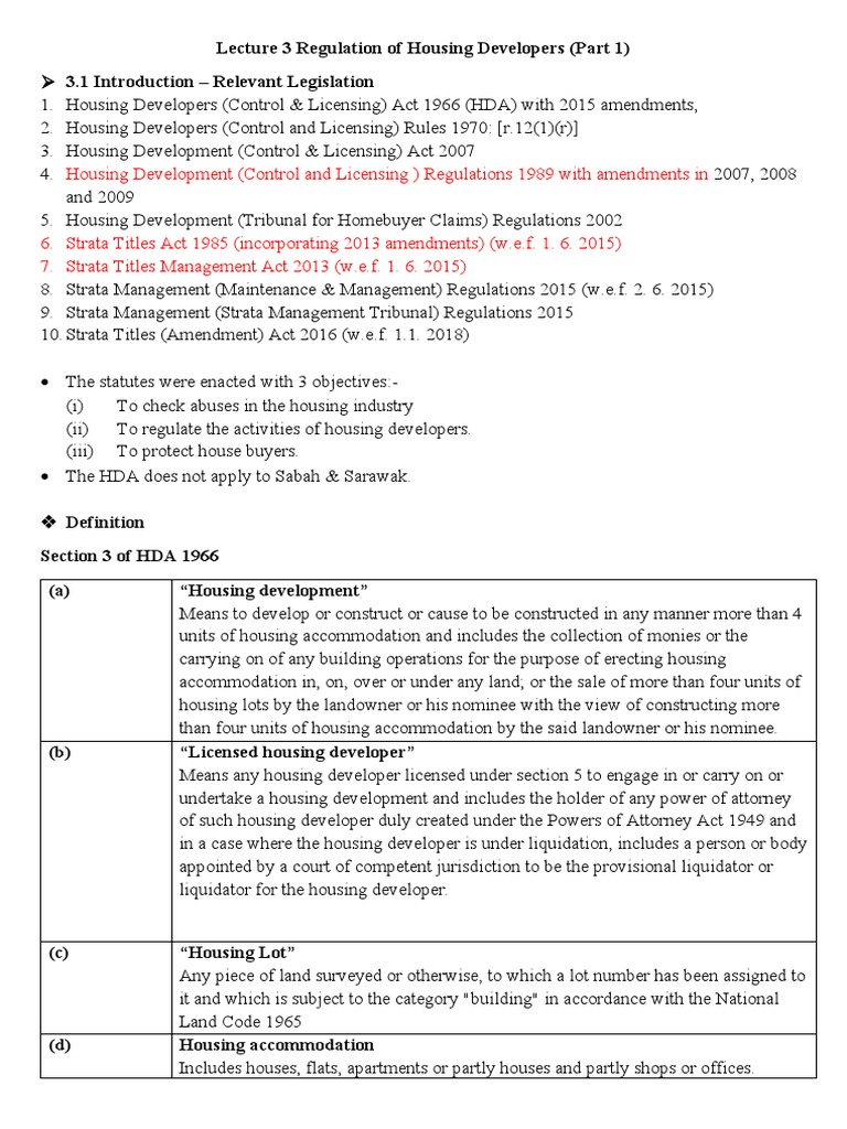 Lecture 3 Regulation of Housing Developers Part 1 | PDF