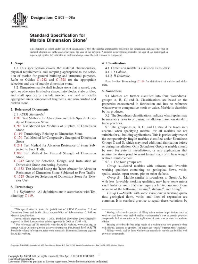 Marble Dimension Stone: Standard Specification For | PDF | Marble ...