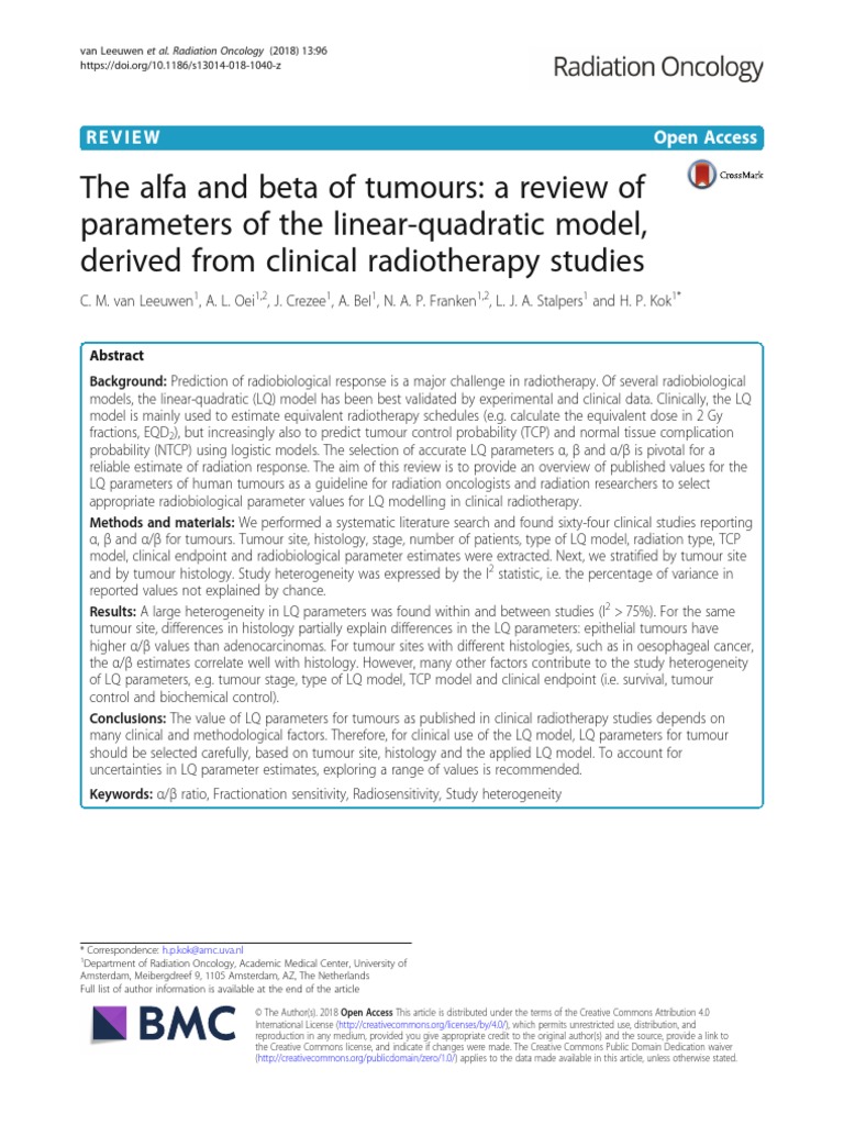 The Alfa and Beta of Tumours: A Review of Parameters of The Linear-Quadratic Model, Derived From ...