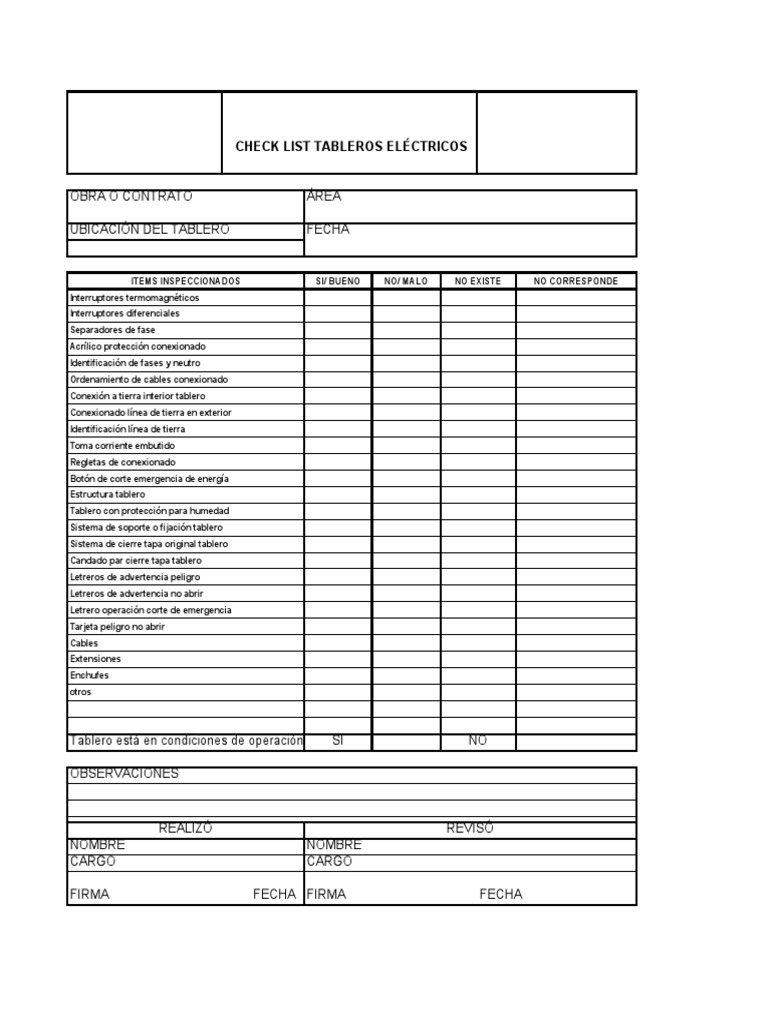 CHECK LIST TABLERO ELECTRICO | PDF