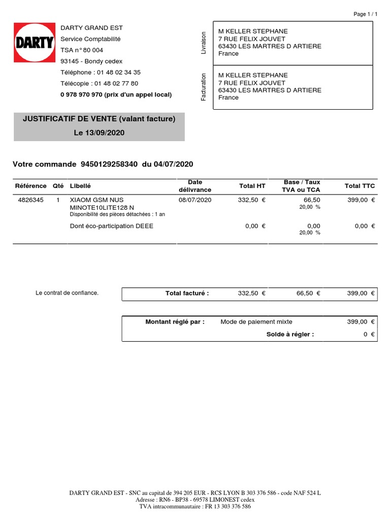 Justificatif de Vente Darty | PDF | Taxe sur la valeur ajoutée | Impôts