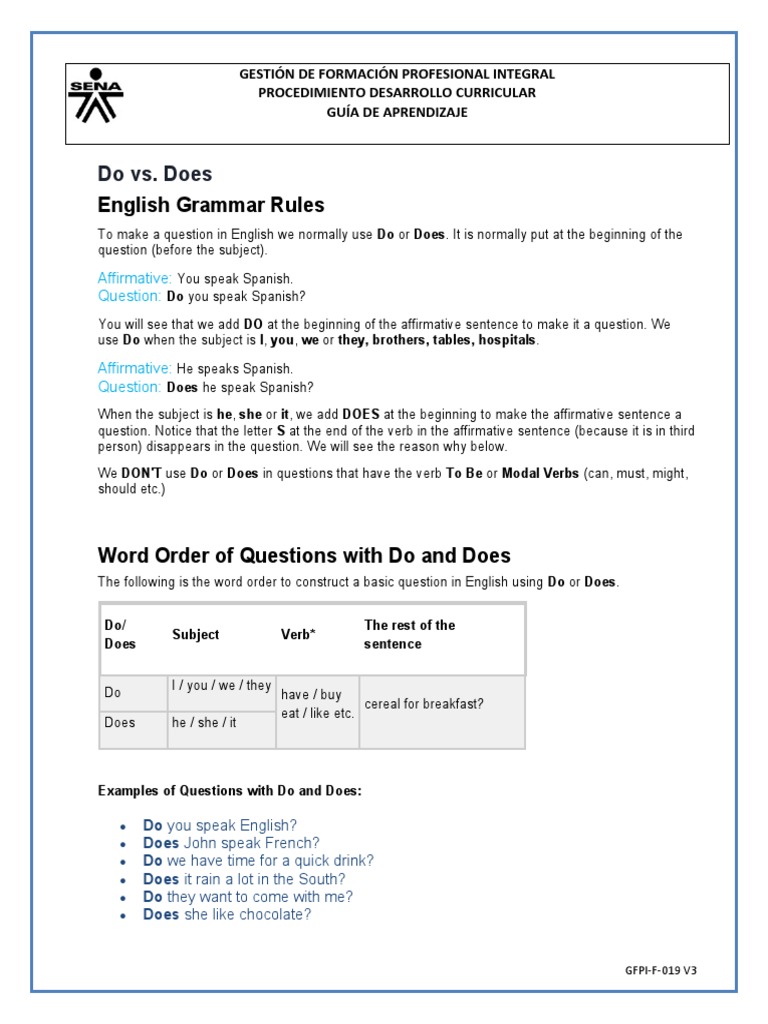 Guia 11 Do - Does Vs WH QUESTION | PDF | Question | English Language