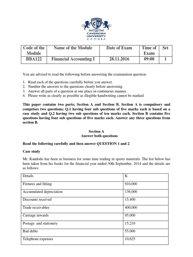 Financial Accounting I Exam Guidelines | PDF | Debits And Credits ...