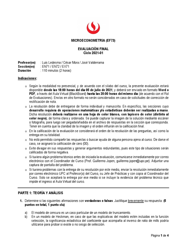2021 1 EF73 Examen Final | PDF | Estadísticas multivariantes | Teoría ...