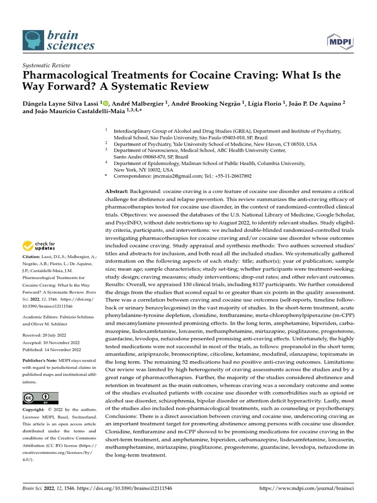 Pharmacological Treatments For Cocaine Craving - What Is The Way Forward - A Systematic Review ...