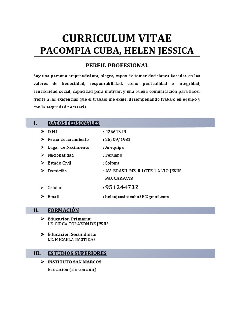 Curriculum Vitae Con Perfil Pacompia Cuba, Helen Jessica | PDF