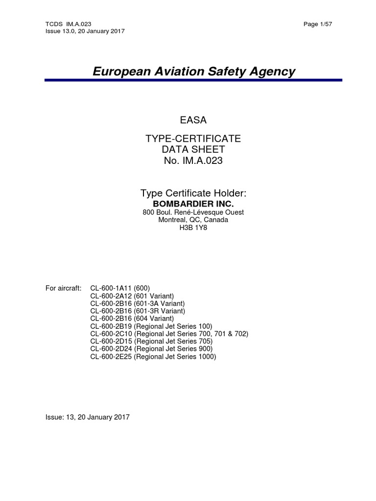 Tcds_easa Im a 023_ Cl-600_issue 13 | PDF | Jet Fuel | Aircraft