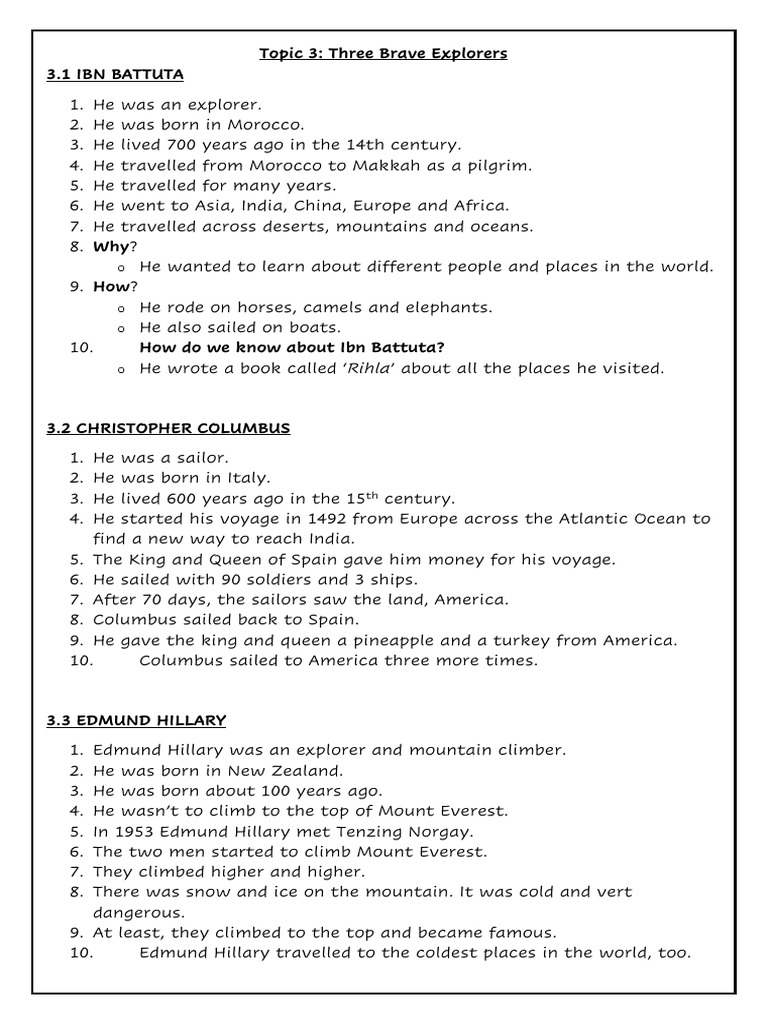 Topic 3 Three Brave Explorers Notes Pdf