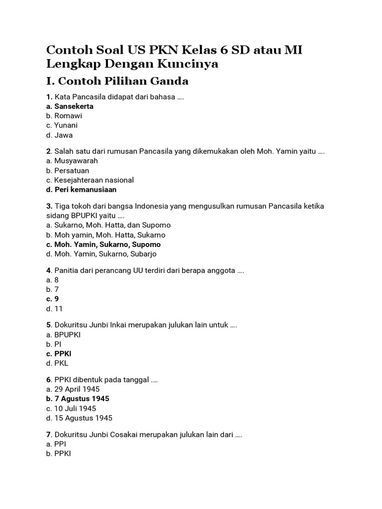 Contoh Soal US PKN Kelas 6 SD Atau MI Lengkap Dengan Kuncinya | PDF