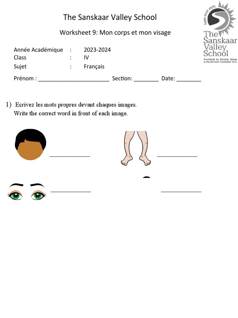 Worksheet 9- Mon corps et mon visage ^^ | PDF