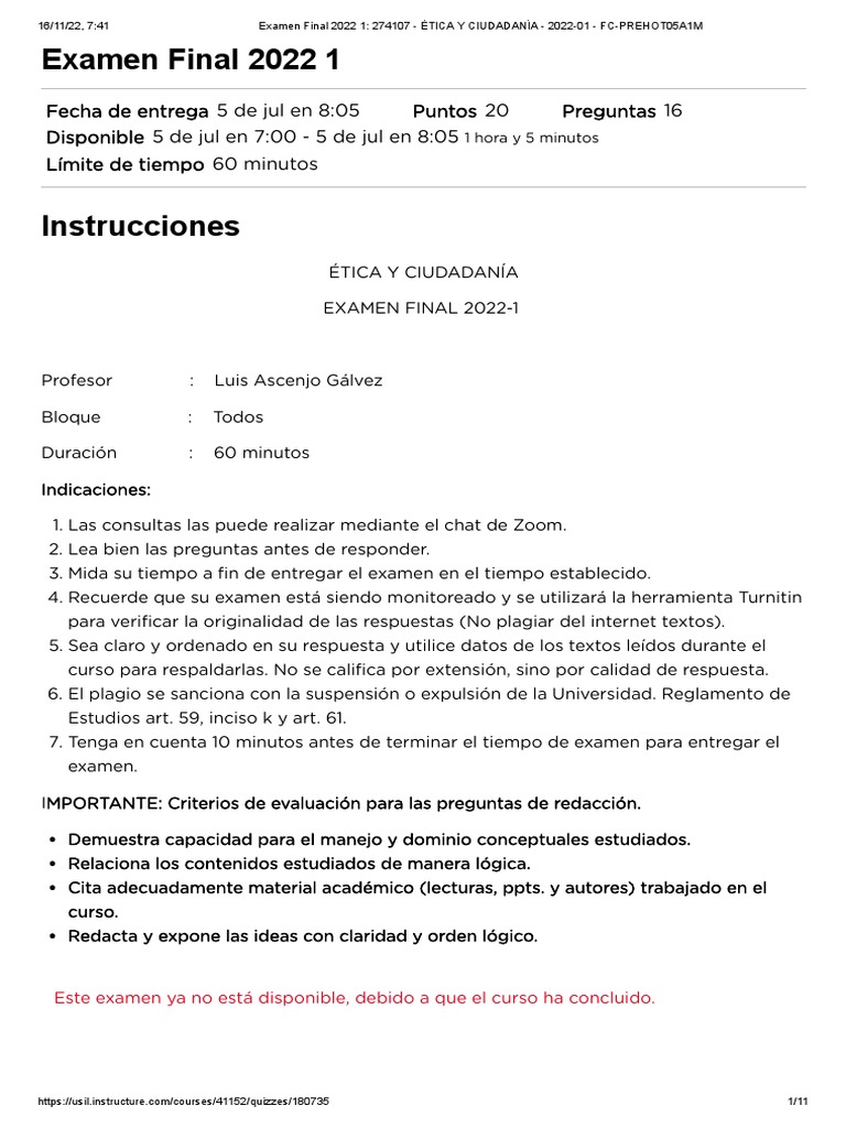 Examen Final 2022 1 - 274107 - Ética y Ciudadanía - 2022-01 - Fc-Prehot05a1m | PDF | Moralidad ...