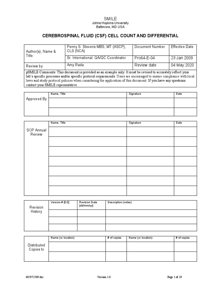 CSF Cell Count and Differential SOP | PDF | Cerebrospinal Fluid ...