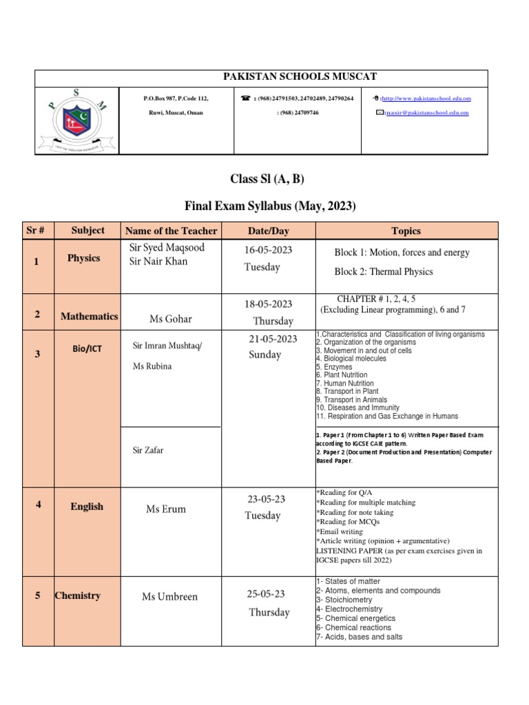 S1 Final Term Exam Dates With Syllabus 2023 | PDF