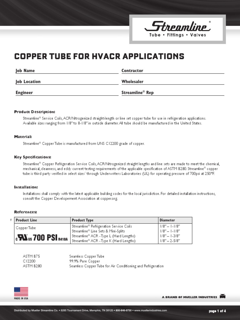Streamline Copper Tube HVACR Submittal Sheet 1596838 | PDF | Pipe (Fluid Conveyance) | Soldering