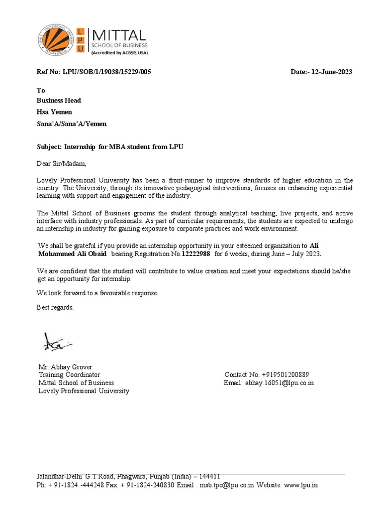 Internship NOC Format | PDF