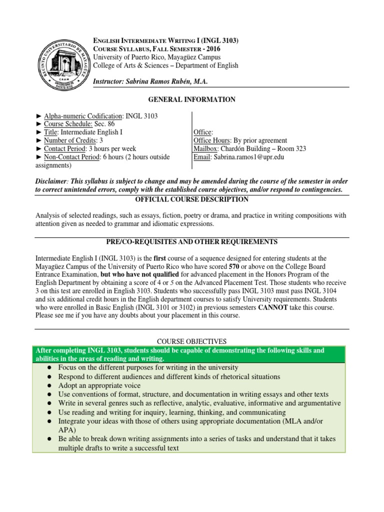 3103 Syllabus Ingles | PDF | Essays | Academic Dishonesty